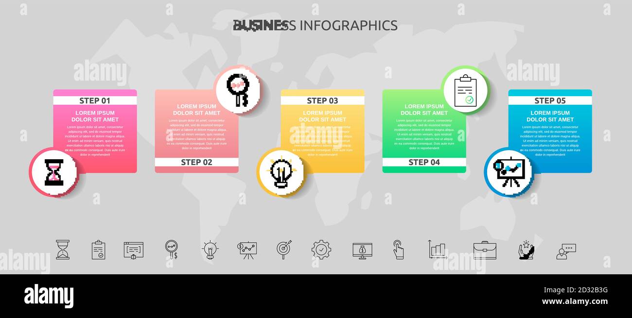 Infographics circles with 5 steps, squares. Vector template used for diagram, business, web ...