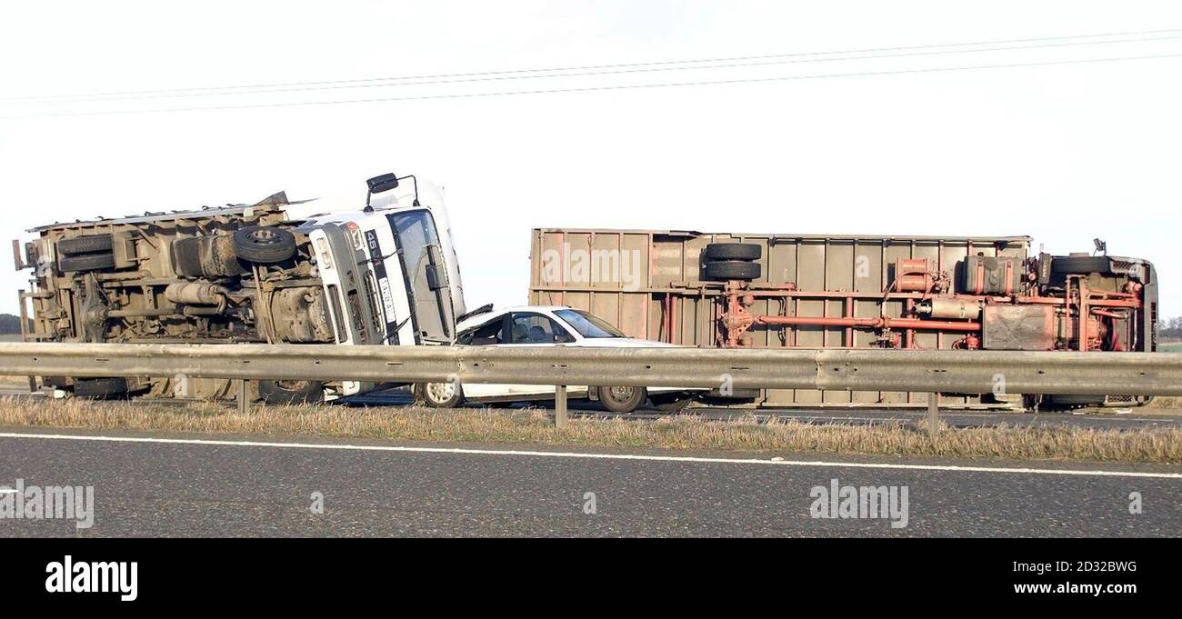 Two lorries lay on their side on the A1 south of Morpeth ...