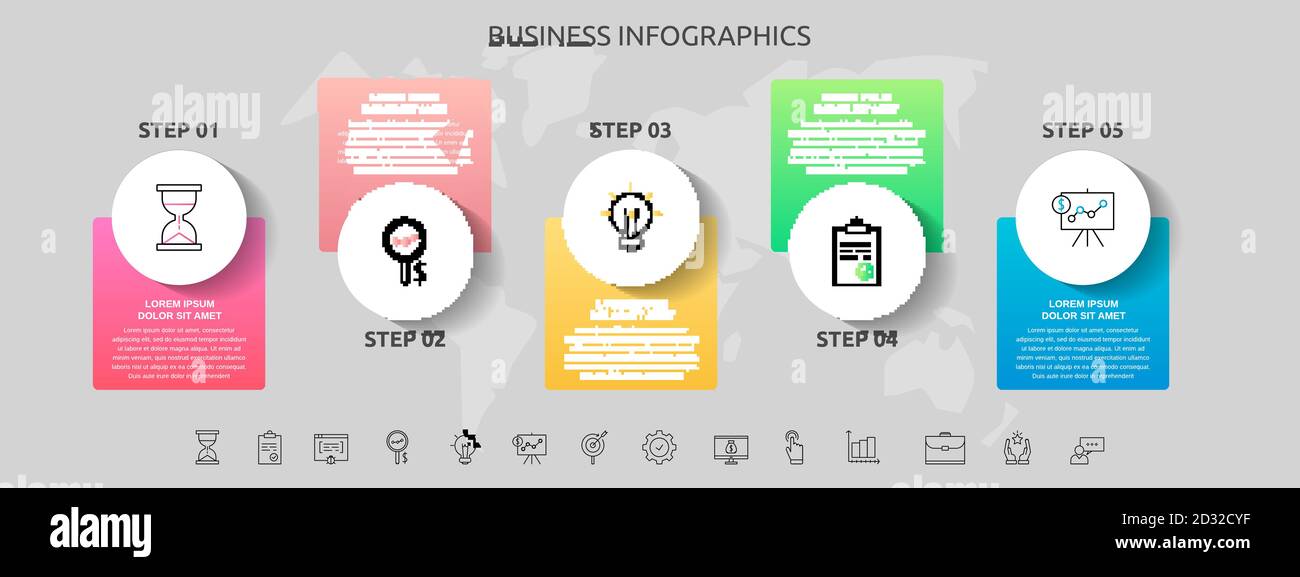 Infographics circles with 5 steps, squares. Vector template used for diagram, business, web ...