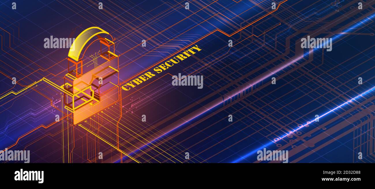 Isometric internet digital security technology concept for business background. Lock on circuit ...