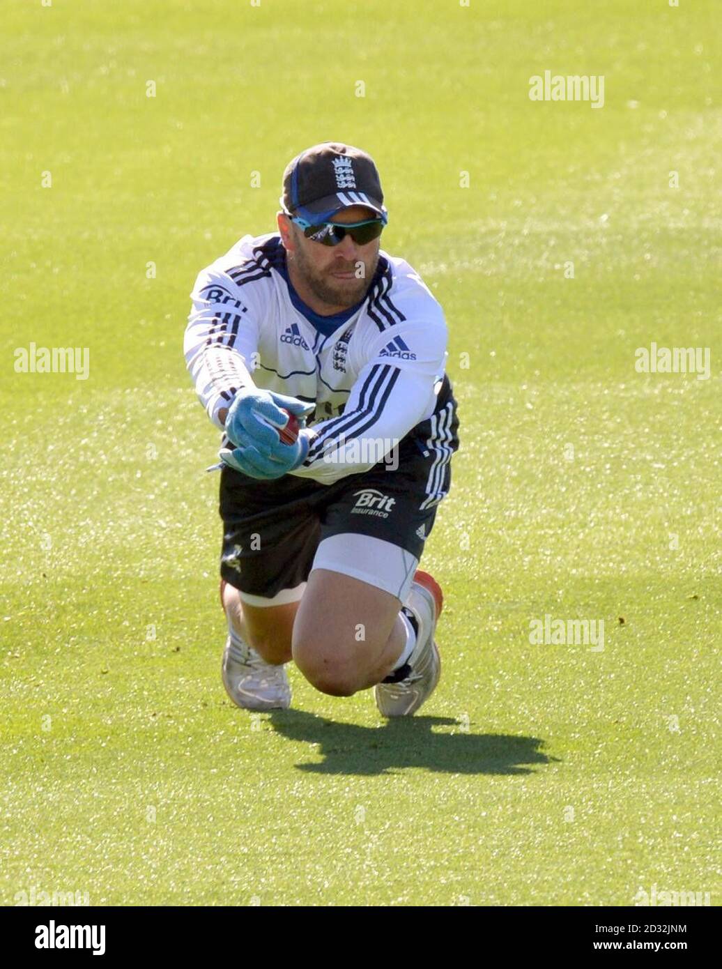 England's Matt Prior catches during a practice session at the Basin ...