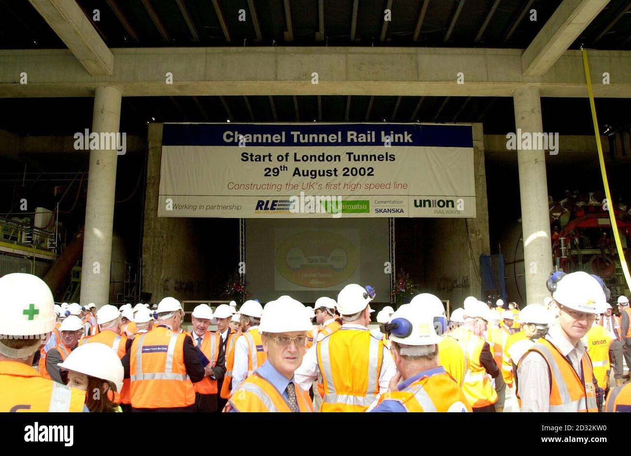 Workers for the Channel Tunnel Rail Link (CTRL), gather to watch as ...