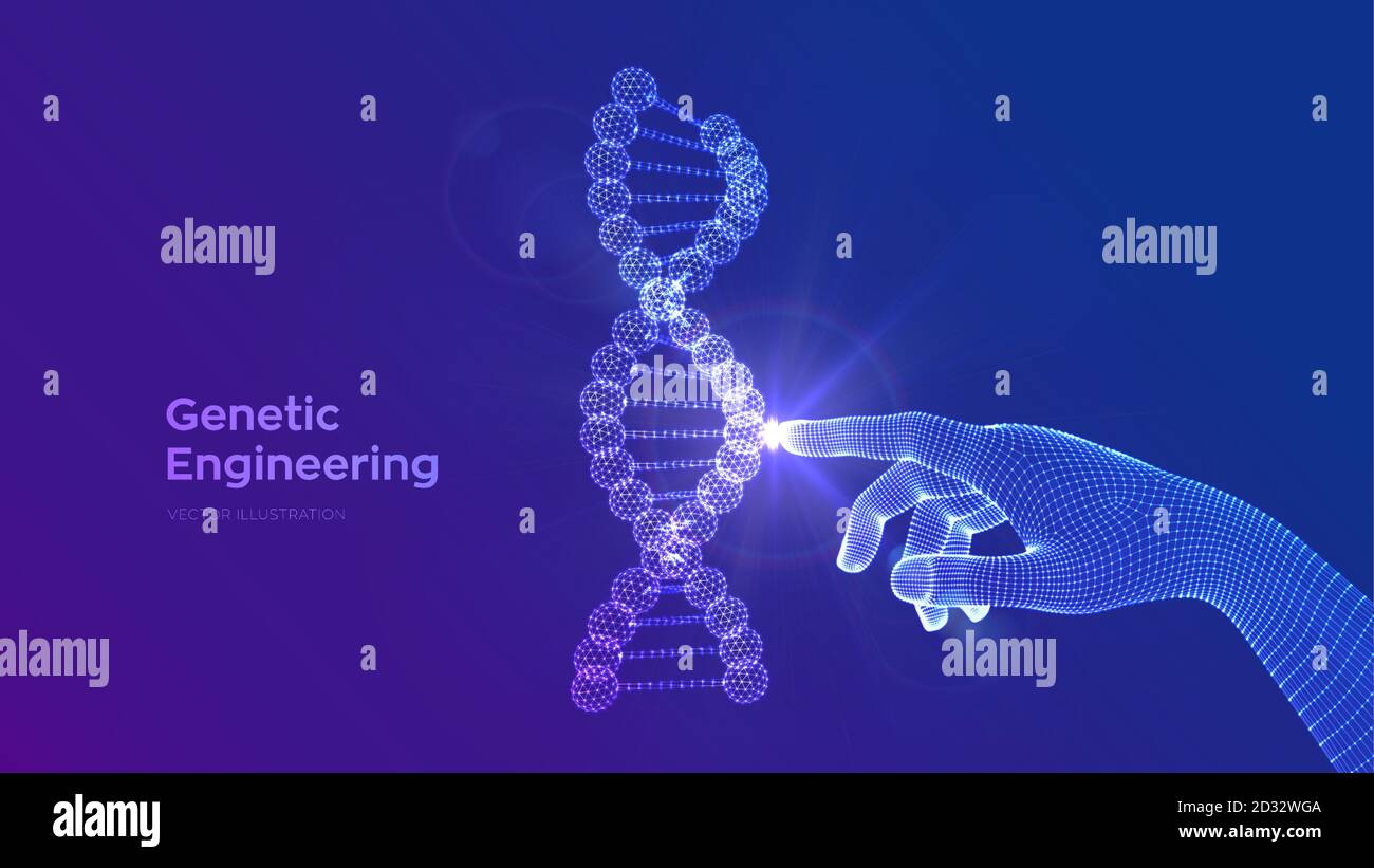Hand touching DNA sequence molecules structure mesh. Wireframe DNA code ...