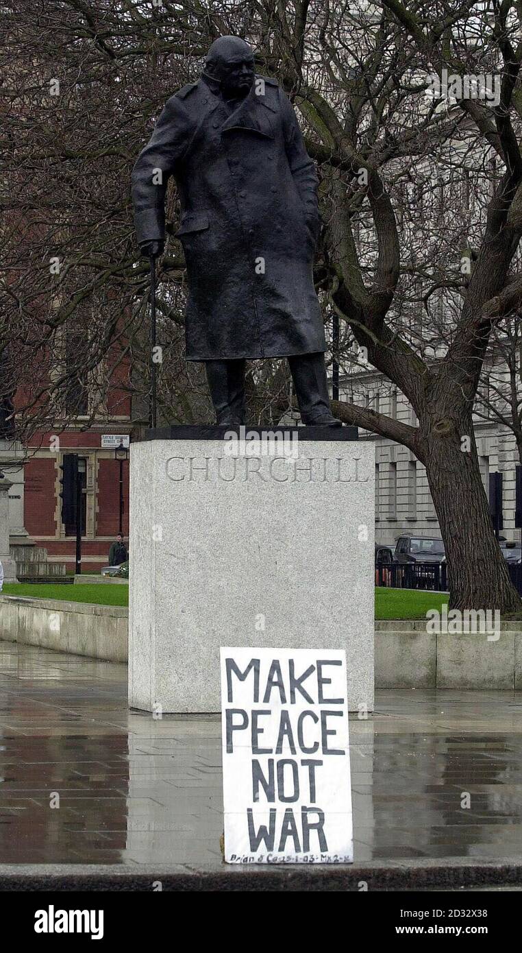 A peace sign in front of the Churchill statue in Parliment Square ...
