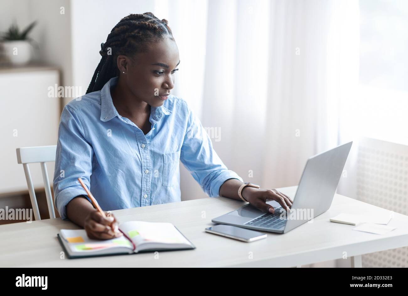 Young Black Freelancer Woman Working On Laptop At Home Office, Taking ...