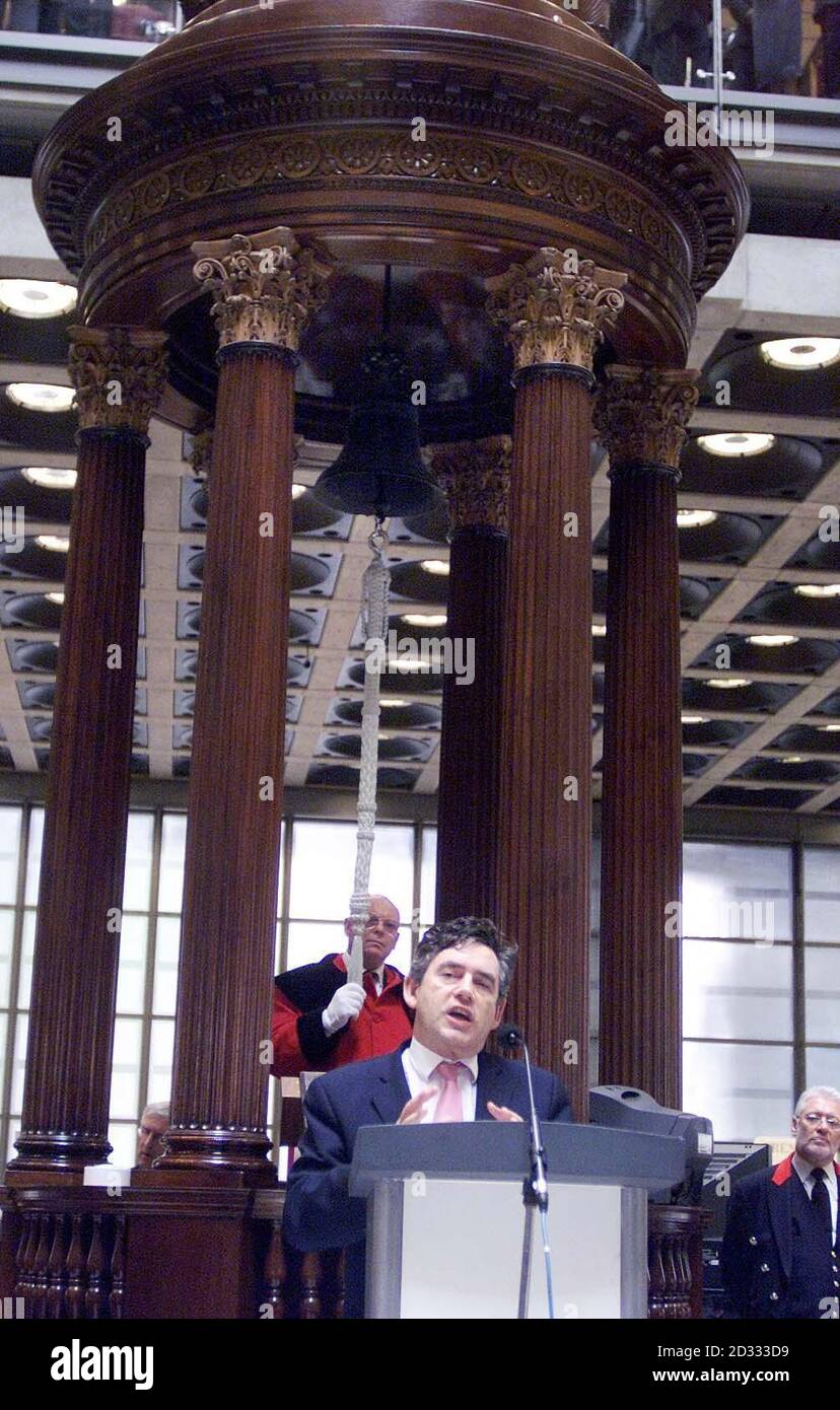 Chancellor of the Exchequer Gordon Brown gives a speech under the ...