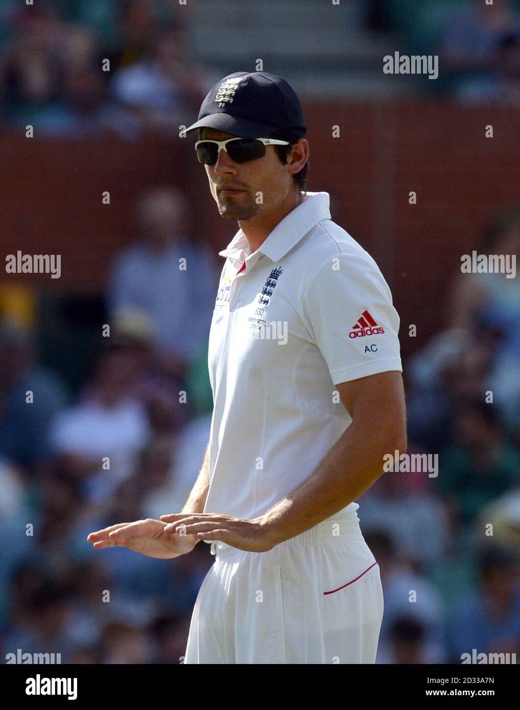 England's Alastair Cook gestures during day three of the Second Test ...