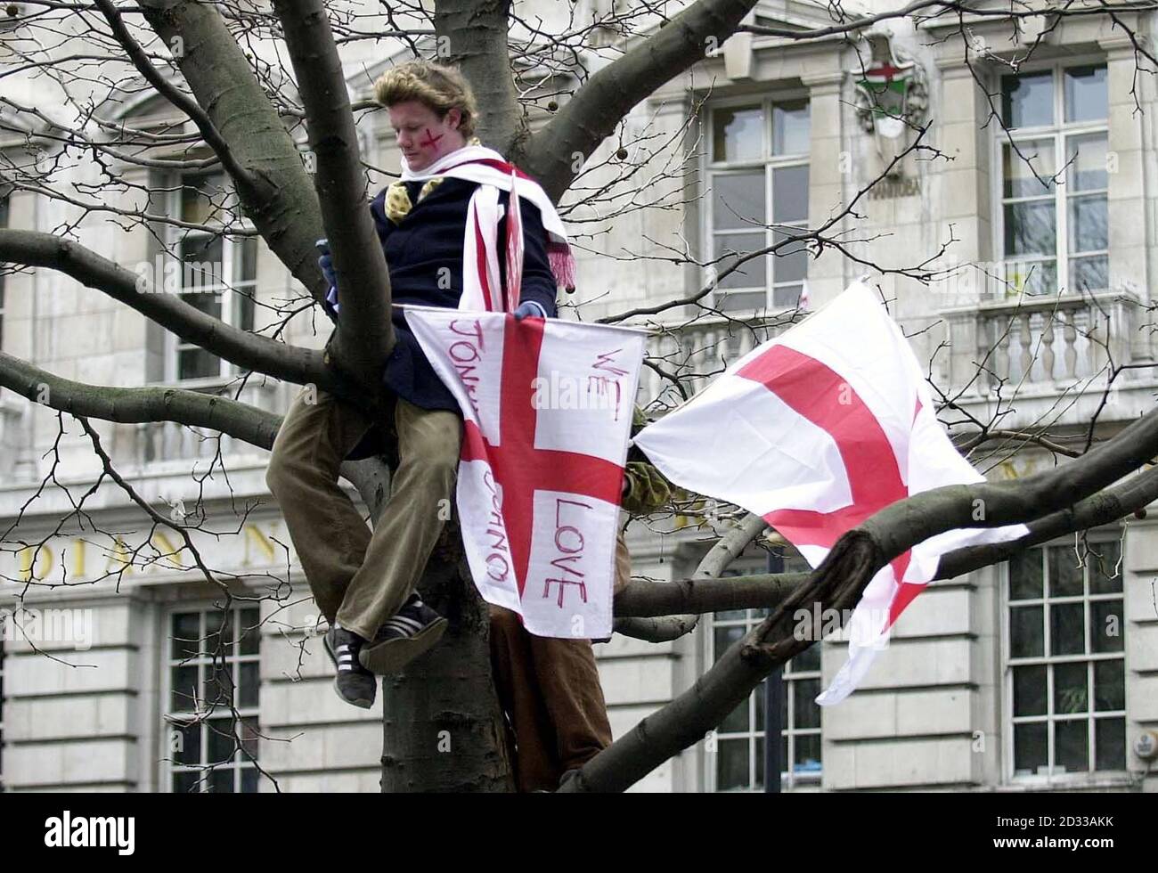 A spectator watches from a tree in Trafalgar Square, during the England ...