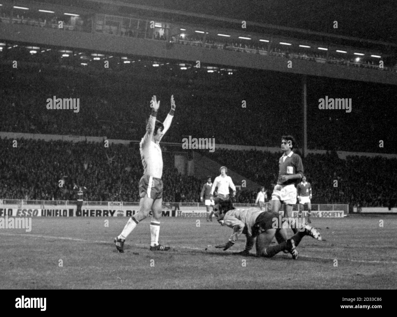 Malcolm Macdonald celebrates his fourth goal during the European ...
