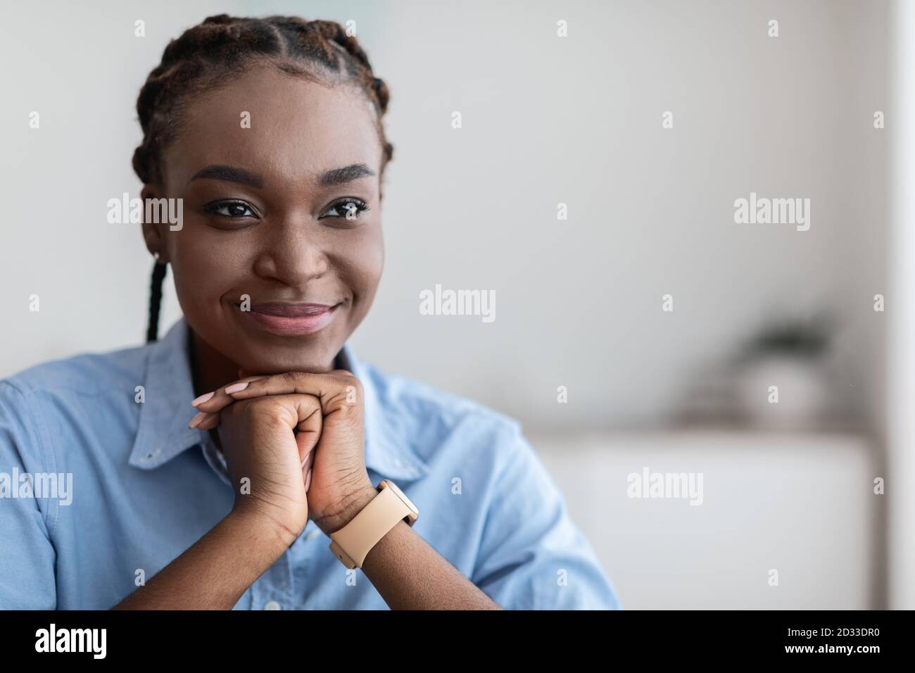 Closeup Portrait Of Pensive African American Woman With Glad Face ...