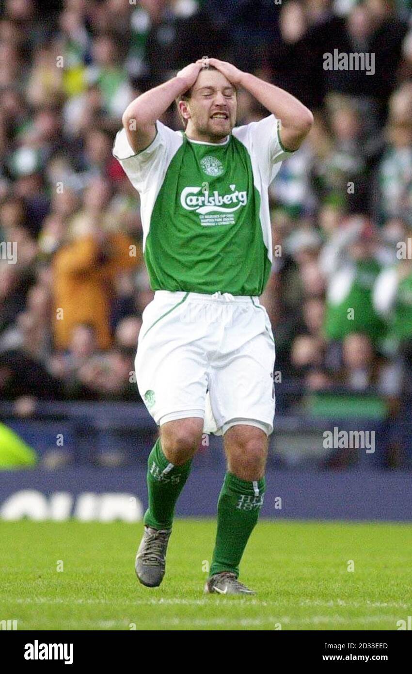 Hibernian's Stephen Dobbie holds his head in frustration after a missed ...