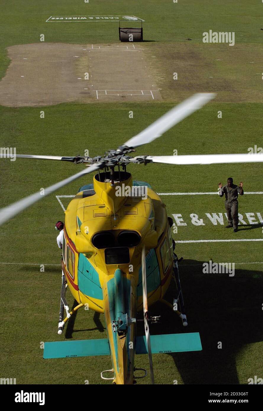 A Guyana military helicopter is used to dry the outfield at the Bourda ...