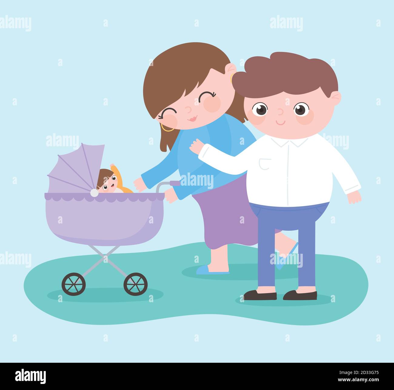 pregnancy and maternity, happy parents with baby in pram vector ...