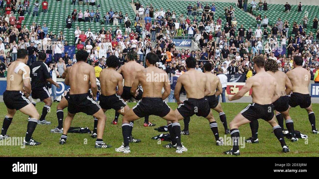New Zealand perform the Haka in front of spectators, after winning the ...