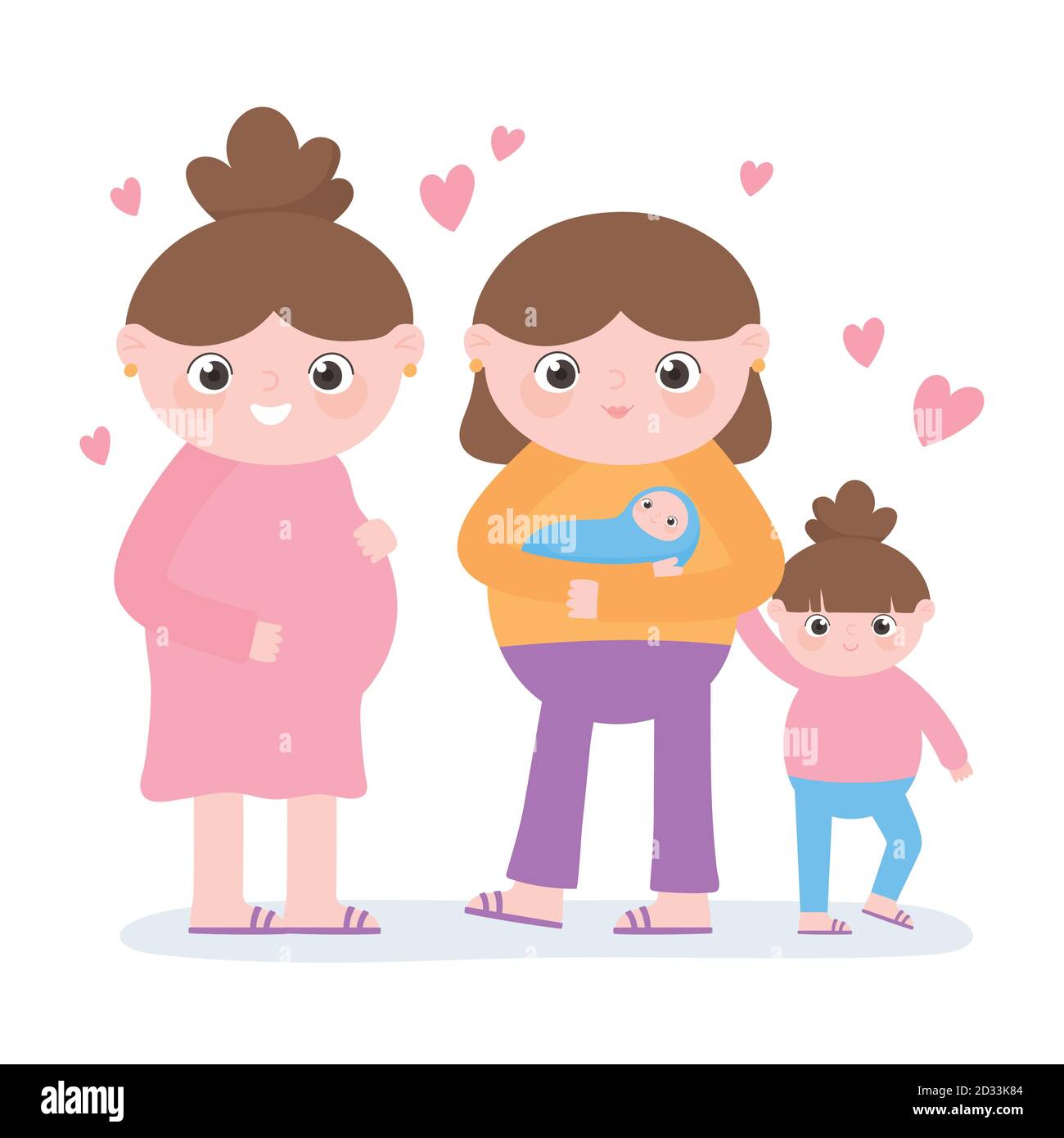 pregnancy and maternity, cute pregnant woman and mom with kids cartoon ...