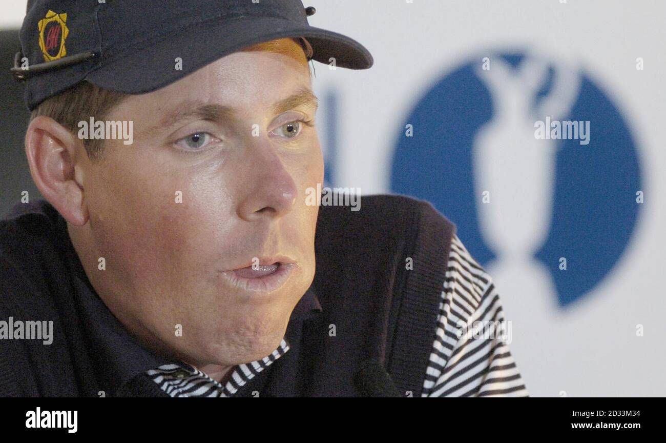 Justin Leonard from the USA speaks at a press conference after his ...