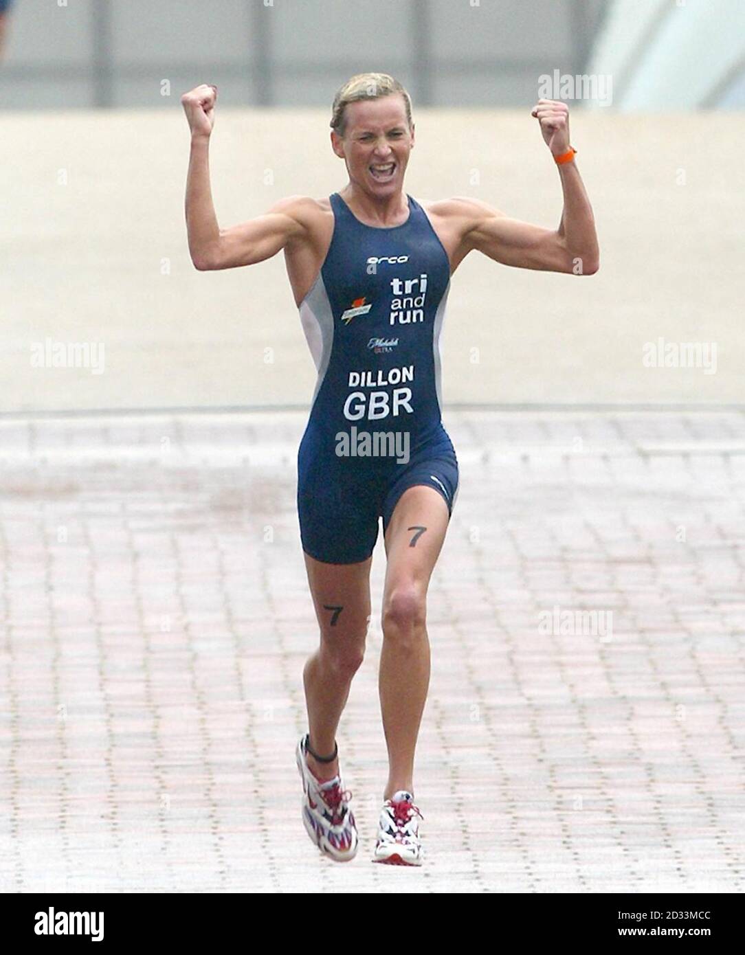 Michelle Dillon celebrates winning the Womens Elite Salford Triathlon ...