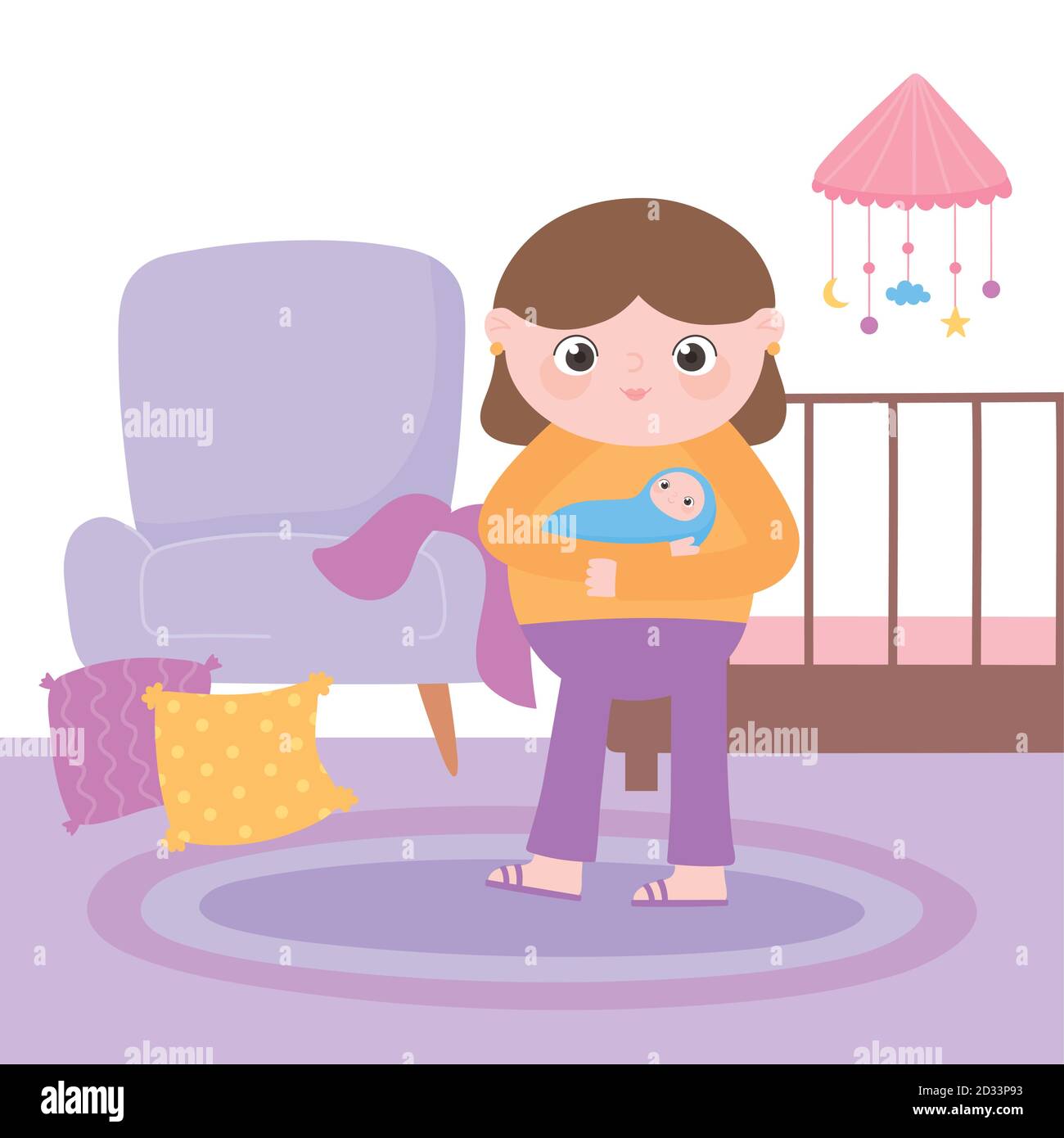 pregnancy and maternity, mom with baby in hands in the room with crib ...