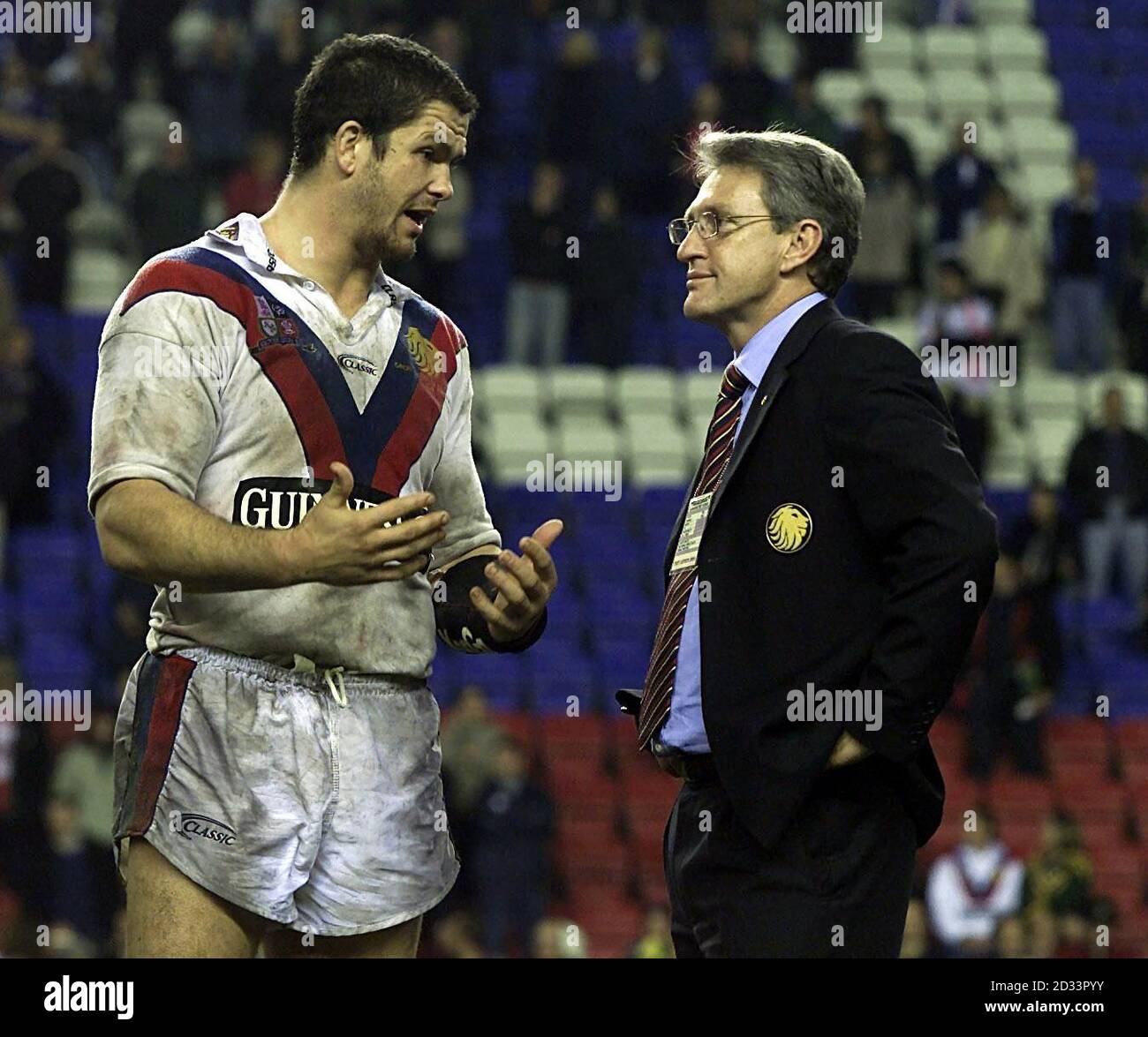 Great Britain's Andy Farrell talks with coach David Waite, after the ...