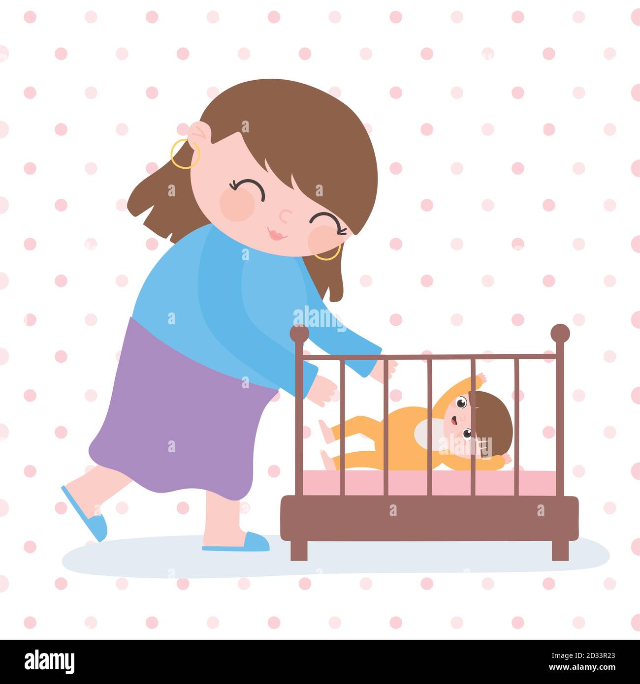 pregnancy and maternity, cute mom with her a baby in crib cartoon ...