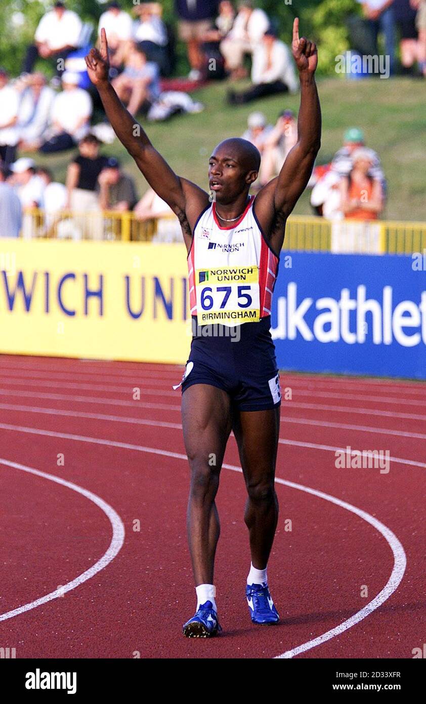 Marlon Devonish celebrates winning the 200 meters, during the Norwich ...