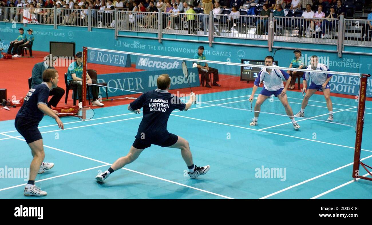 Northern Ireland's Graham Henderson (left) and Eugene McKenna in action ...