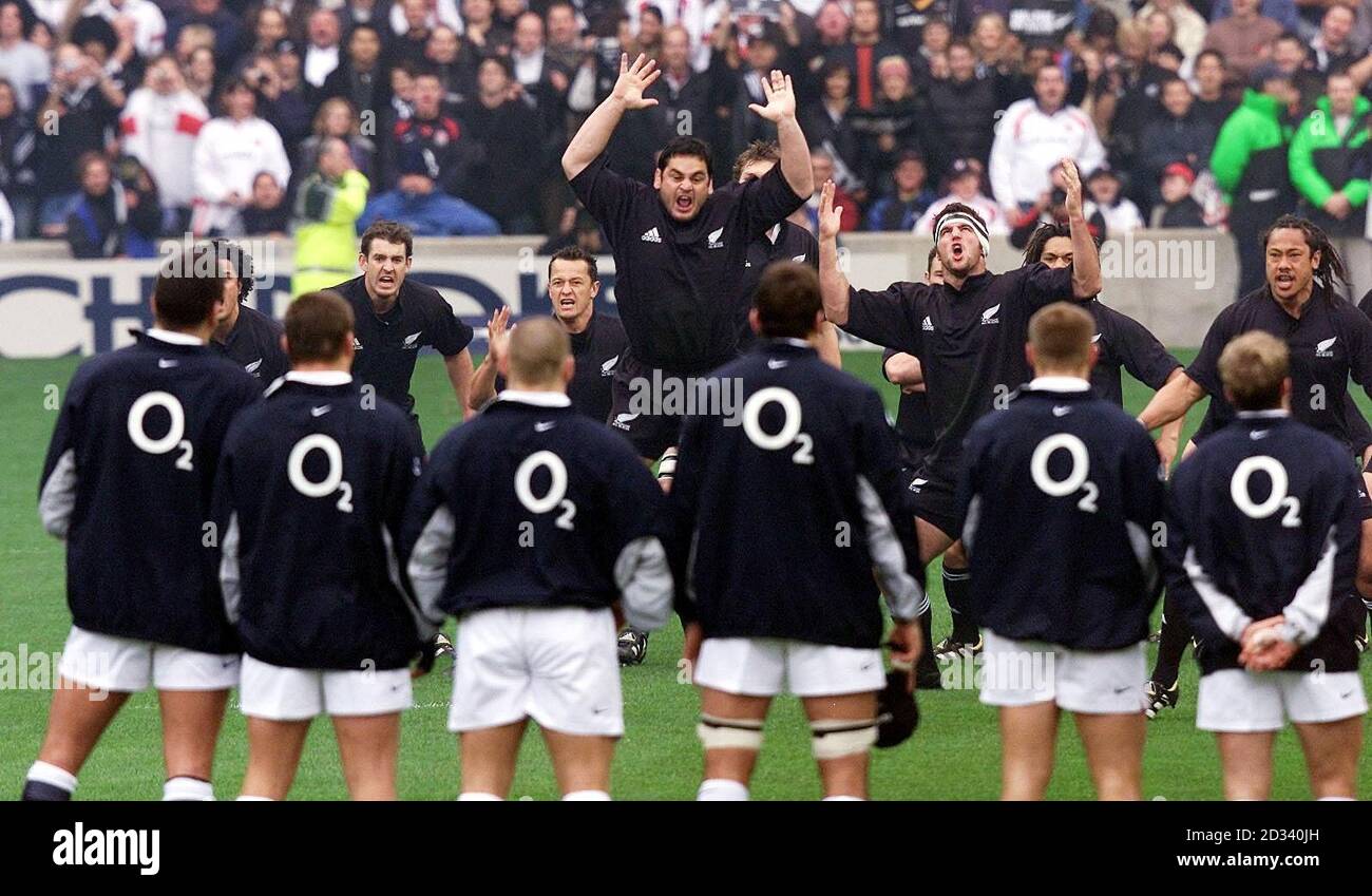 All Blacks captain Taine Randell (centre) leads the Haka, before their ...