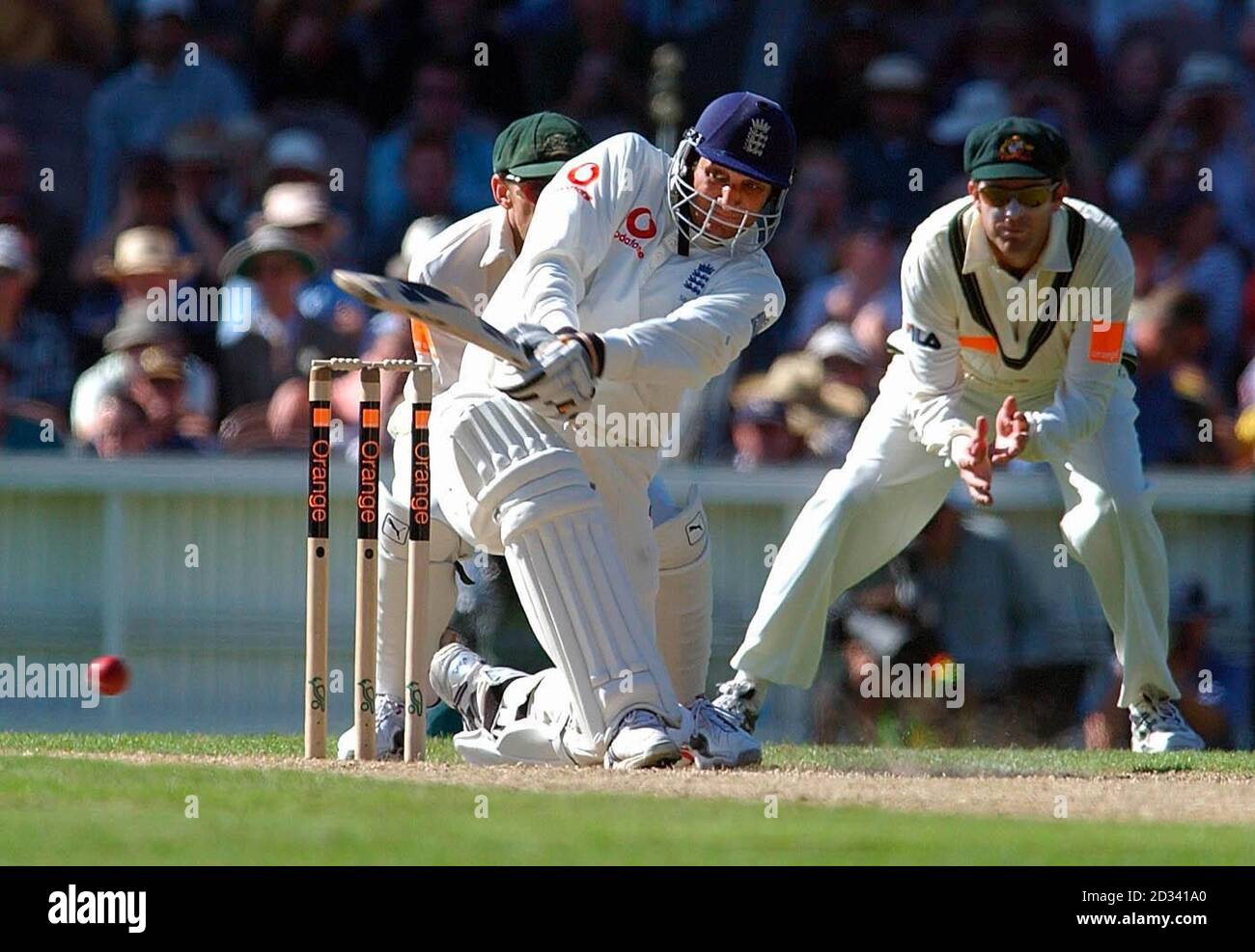 England's Mark Butcher sweeps the ball for four runs during the second ...