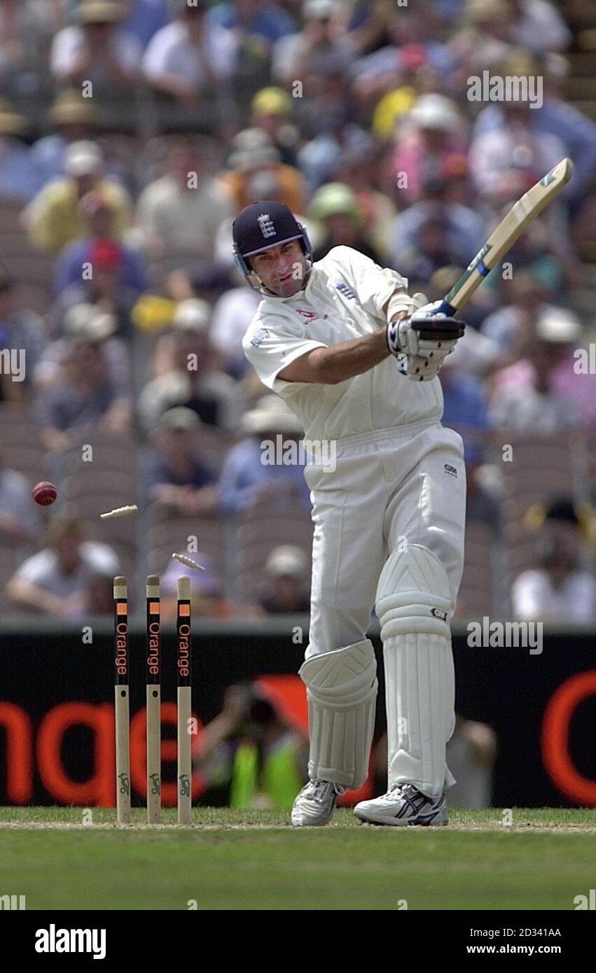 England batsman Andrew Caddick is bowled for 17 runs, during the third ...