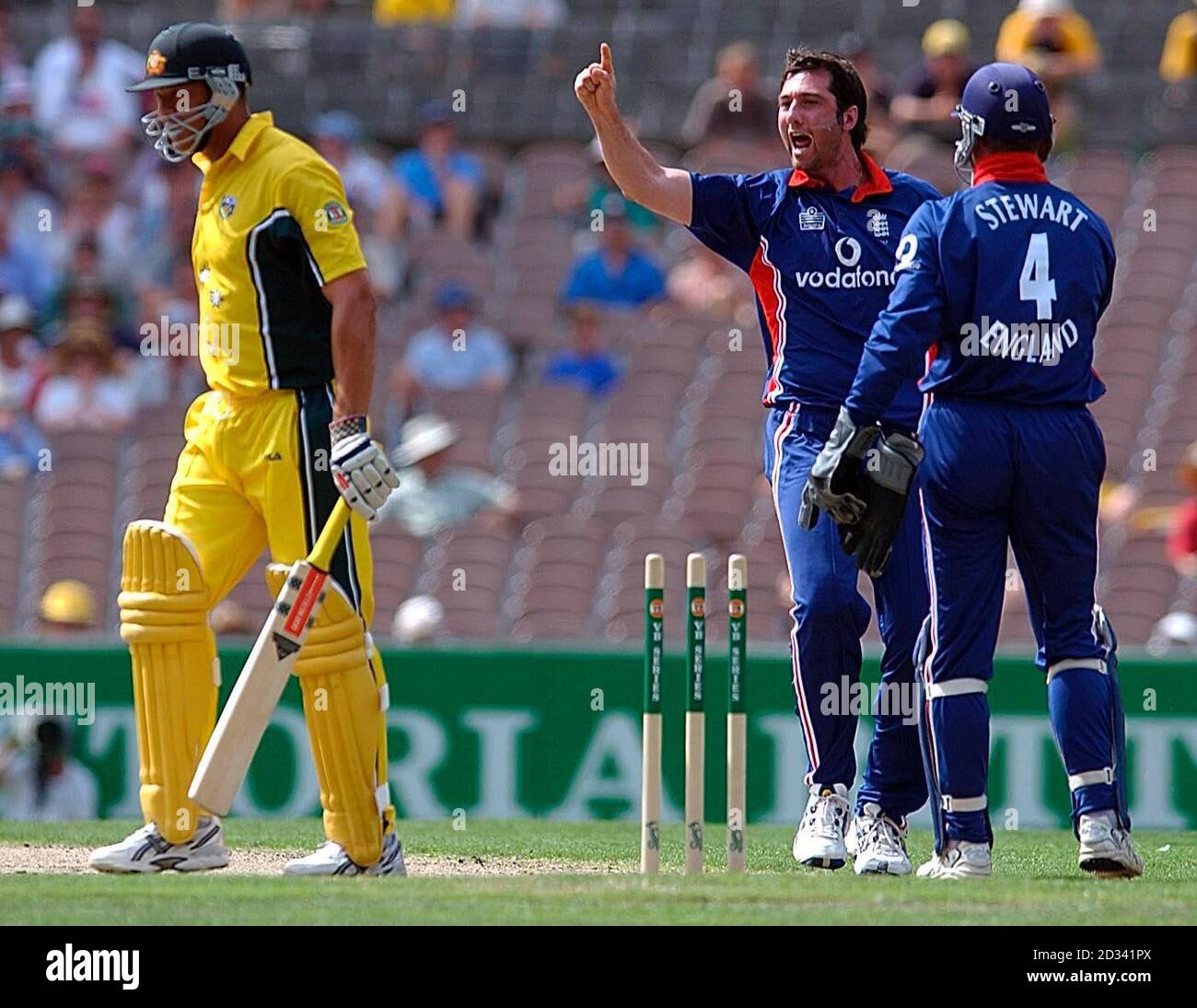 England bowler Ronnie Irani celebrates the wicket of Australian batsman ...