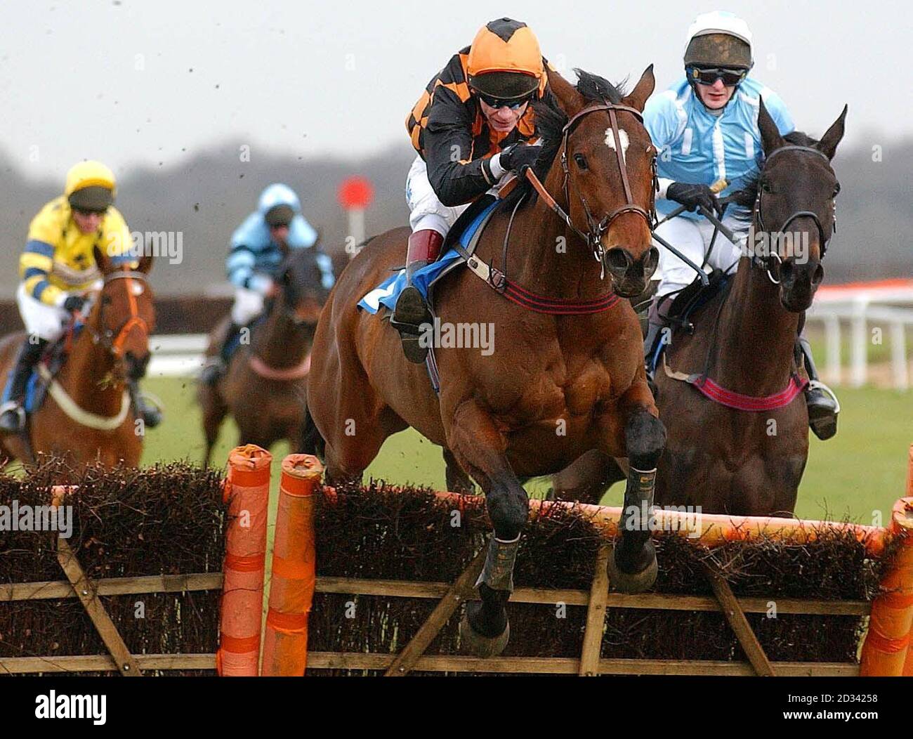 Jockey mick fitzgerald front jumps final hurdle on way hi-res stock ...