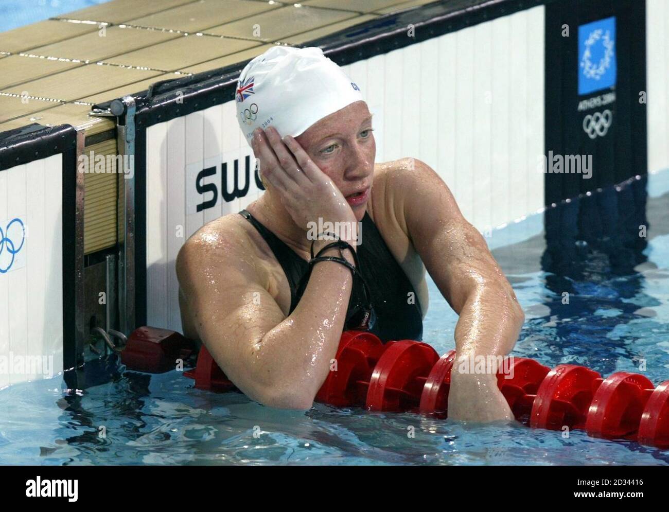 British swimmer Rebecca Cooke from Glasgow reacts after finishing sixth ...