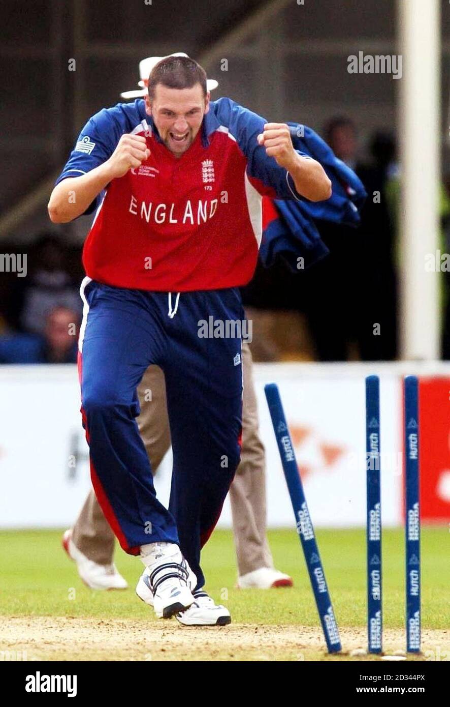 England fast bowler Steve Harmison celebrates the run out of Australia ...