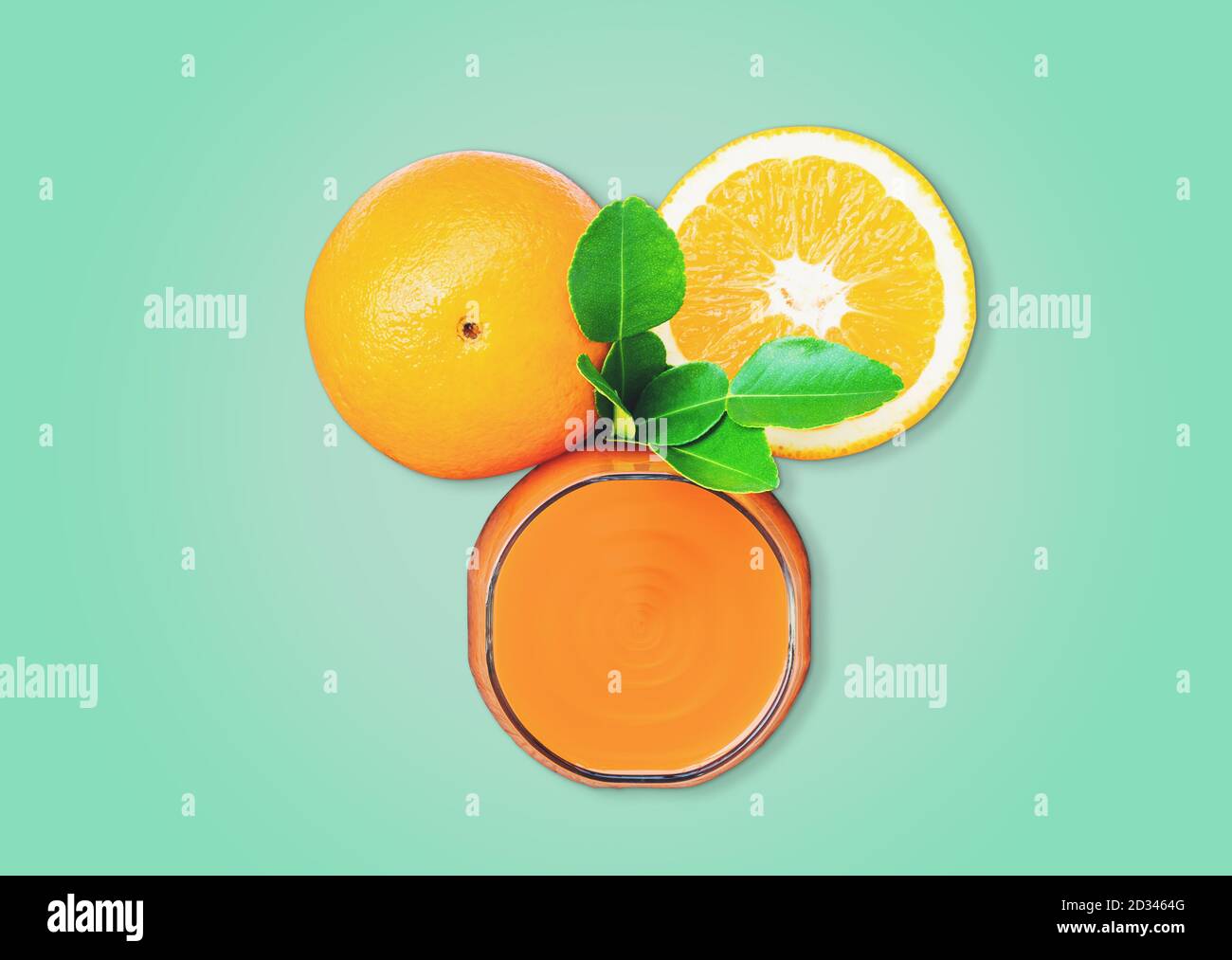 Top view of the orange juice and oranges isolated on pastel color ...