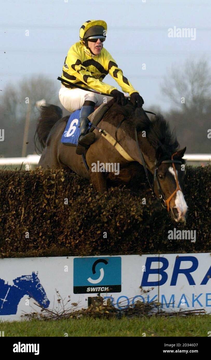Polish Pilot, ridden by Adam Pogson hits the last fence but goes on to ...