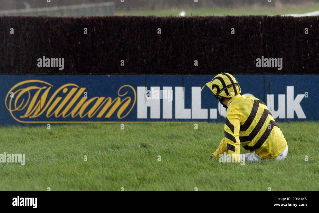 Jockey Adam Pogson after falling off his mount Runaway Bishop Stock ...