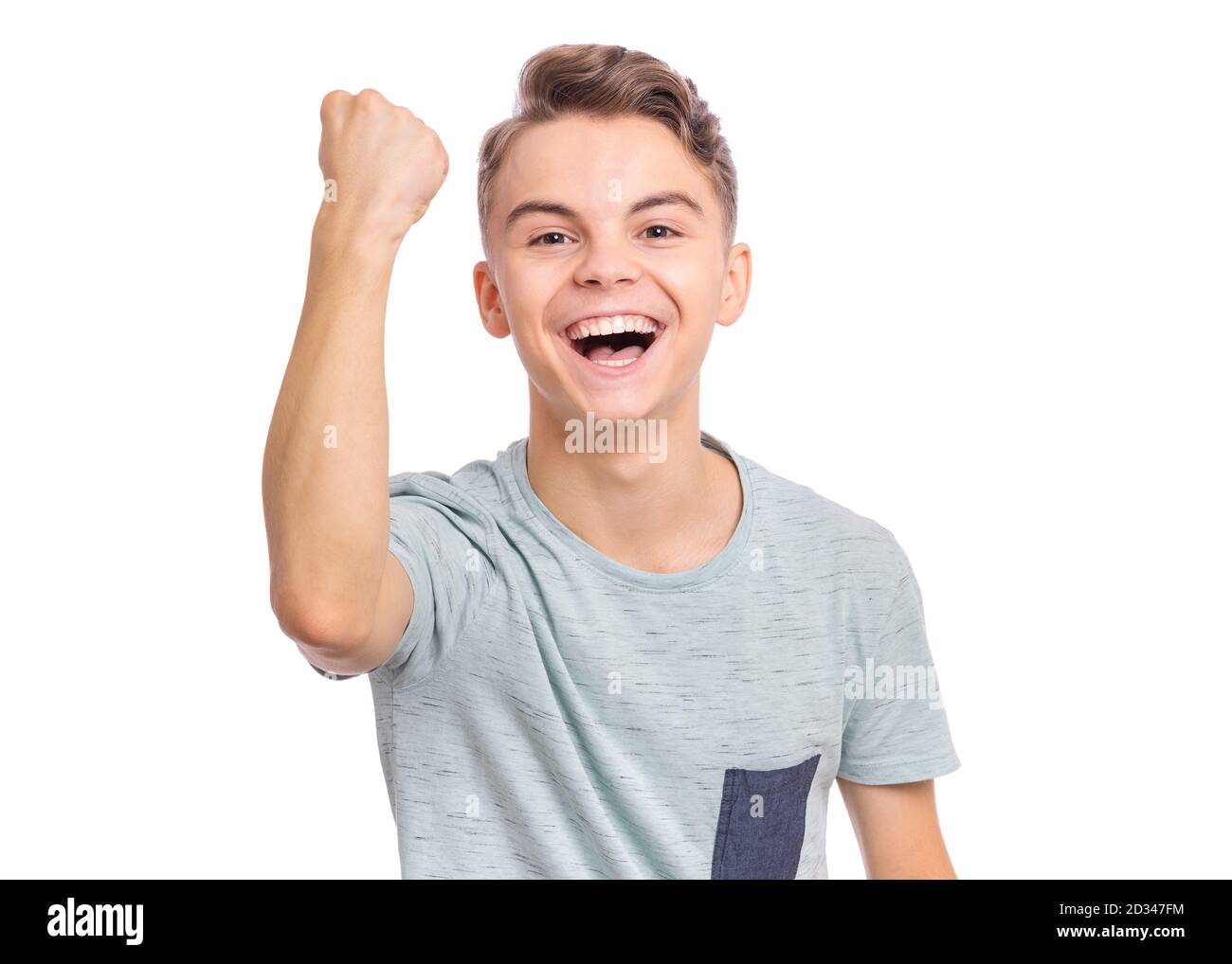 Happy boy showing victory sign isolated on white background Stock Photo ...