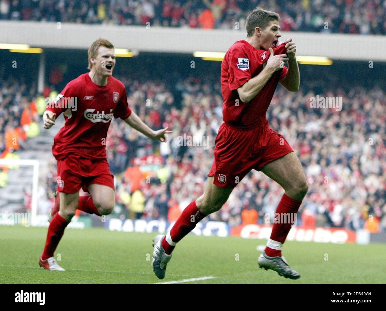 Liverpool's Steven Gerrard celebrates after scoring the opening goal ...