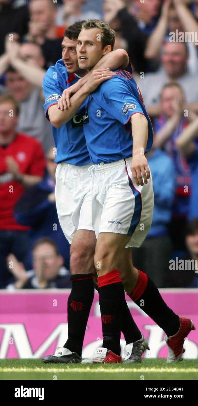 Rangers' Thomas Buffel (L) celebrates scoring against Motherwell with ...