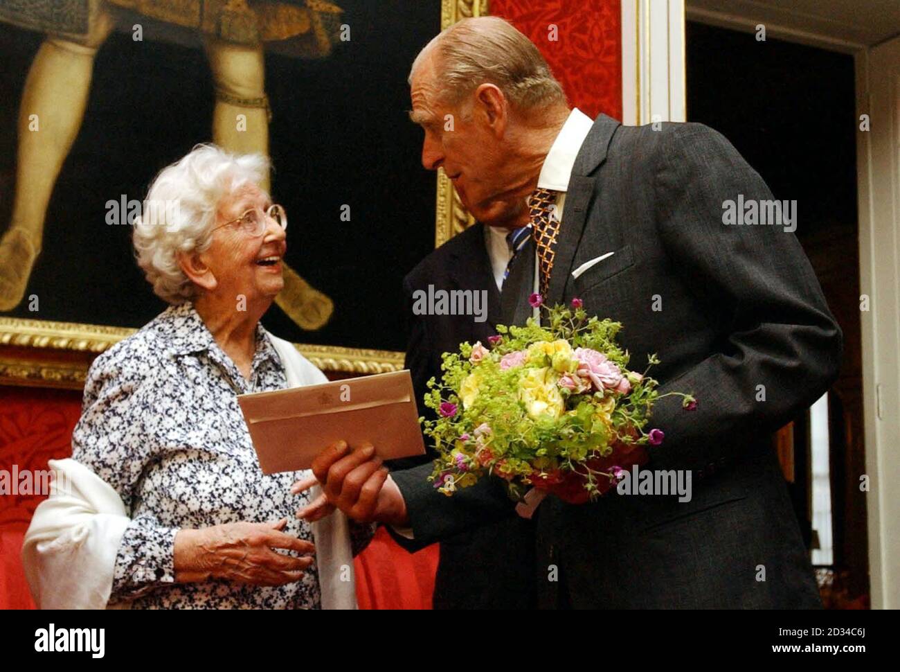 The Duke of Edinburgh presents 99 year old Edith Walsh with a birthday ...
