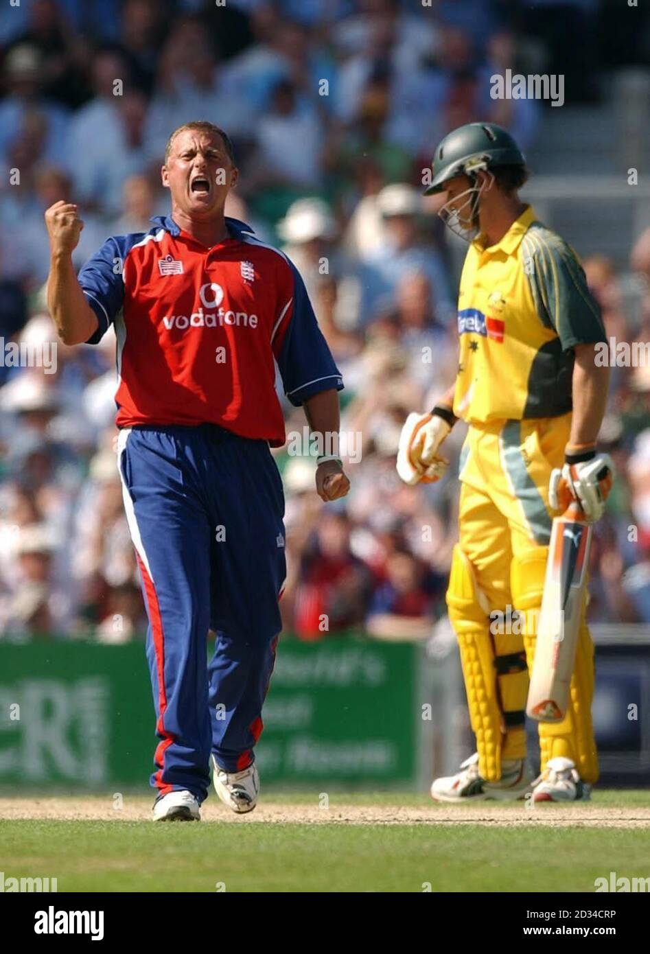 England's Darren Gough celebrates taking the wicket of Australia's ...