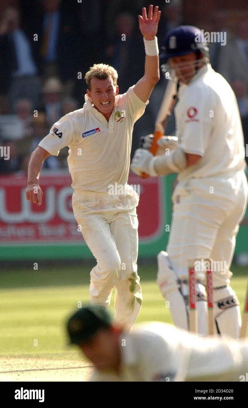 Australia's Brett Lee celebrates England's Ashley Giles' wicket Stock ...