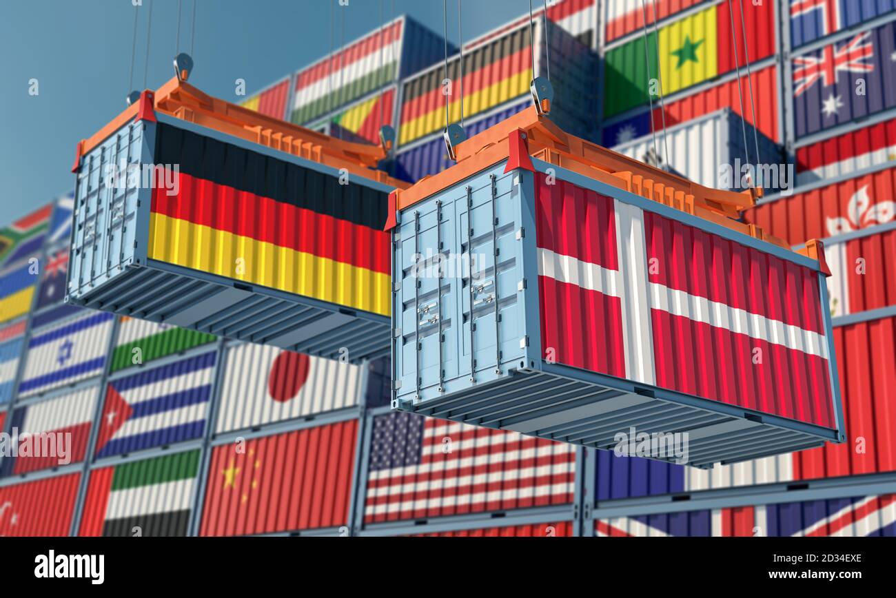 Freight containers with German and Denmark national flags. 3D Rendering ...