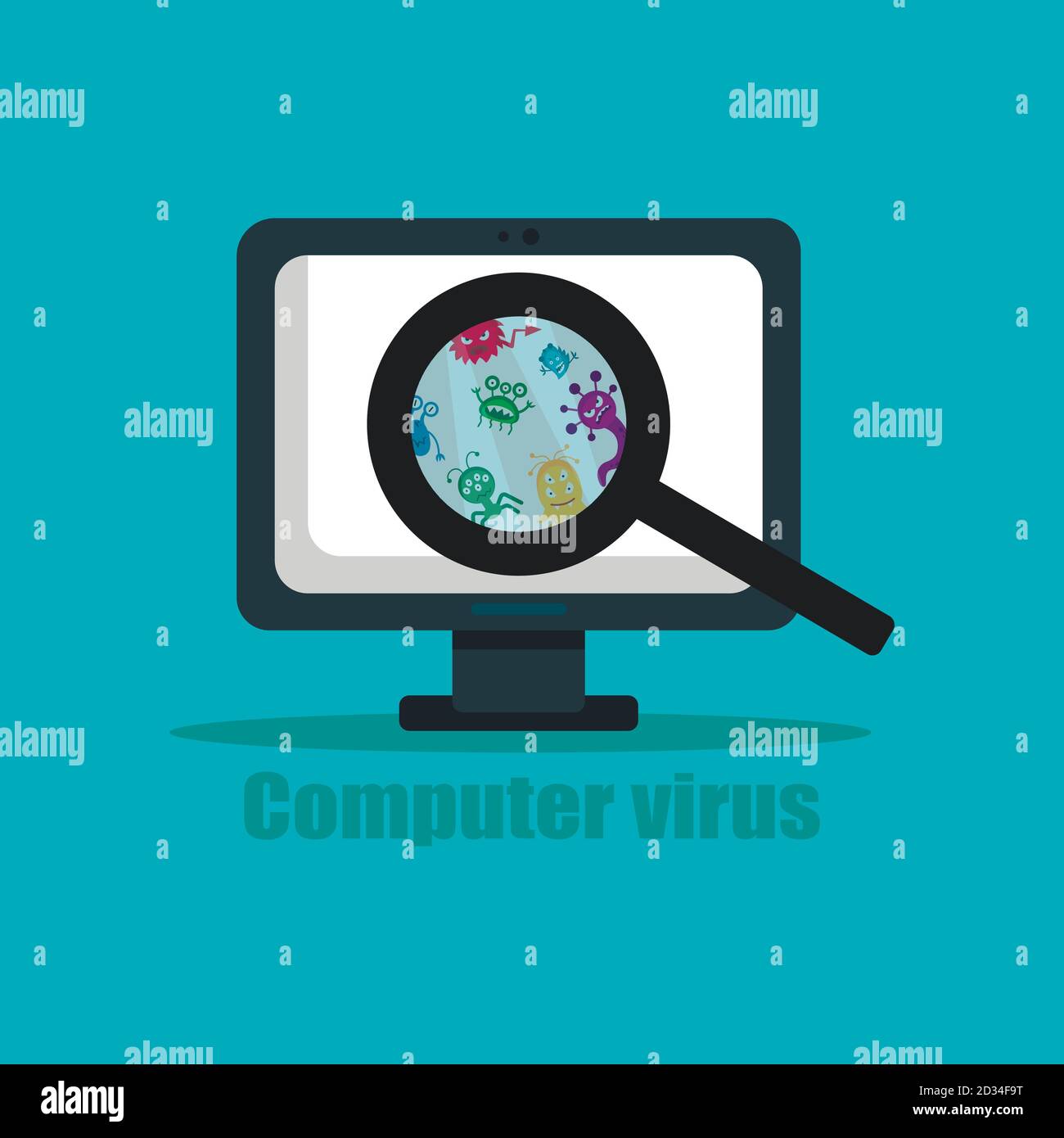 Computer under the threat of a virus, viruses under a magnifying glass ...