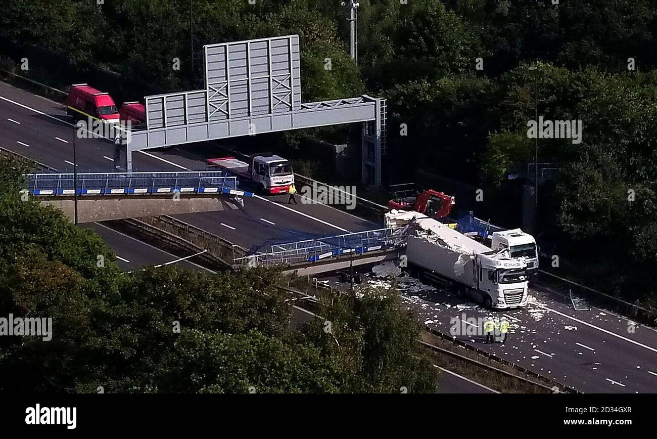 The scene on the M20 motorway after a lorry hit a motorway bridge ...