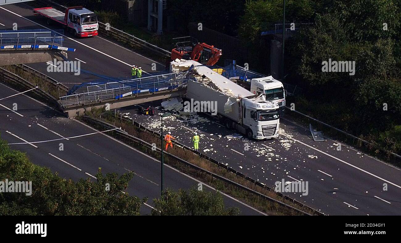 The scene on the M20 motorway after a lorry hit a motorway bridge ...