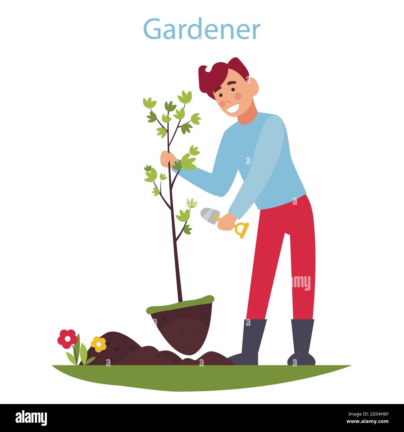 Cute cartoon guy with a shovel. Young farmer planting tree colorful ...