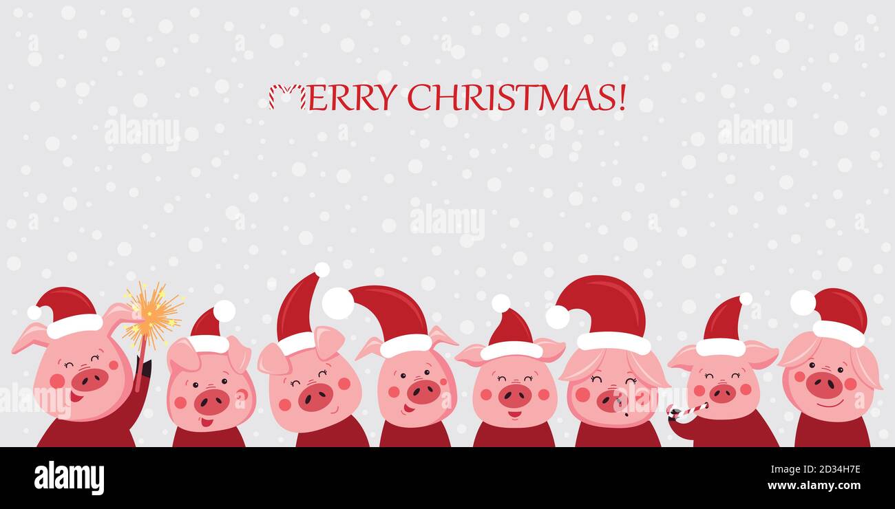 A set of funny and cute pigs for decoration holiday cards. Christmas ...