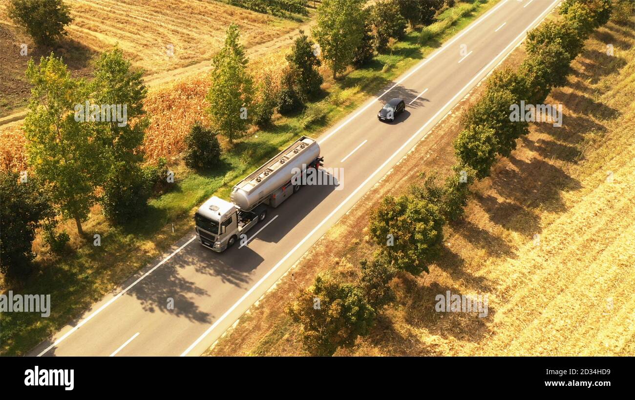 Tank truck and car on the road, aerial photography from drone pov Stock ...