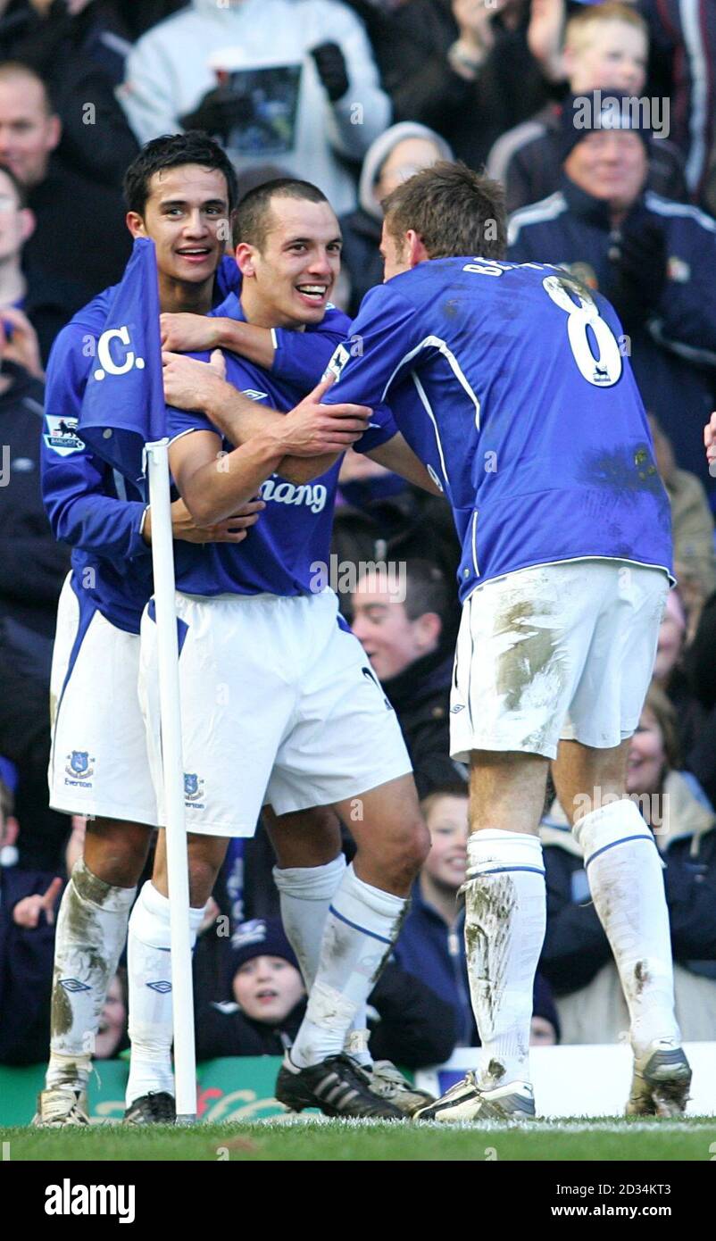 Everton's James Beattie and Tim Cahill congratulate Leon Osman for ...